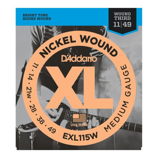 D'Addario ダダリオ製のエレキギター弦 EXL115Wです。3弦が巻き弦になったブルース/ジャズゲージです。011、014、021w、028、038、049。1セットでの販売です。