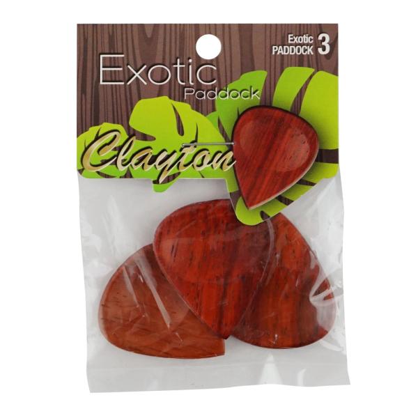 Clayton USA Paddock EXOTICS ギターピック×3枚。  ナチュラルな素材を採用したピックです。 パドック材を使用したウォームなトーンのピックです。 木目をピック先への縦目にして丈夫にしています。  ※天然素材のため個...