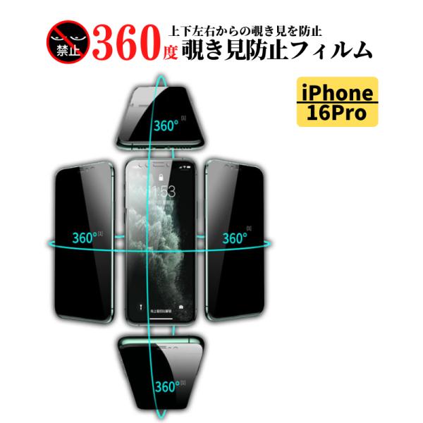 【対応機種】iPhone 16 Pro【360度覗き見防止】上下左右360度すべての方向（従来品は左右方向のみ）からの覗き見を防止。特別なブラインド加工により、真正面から見るとはっきり見えますが、角度を変えると画面が段々真っ黒になり、ほとん...