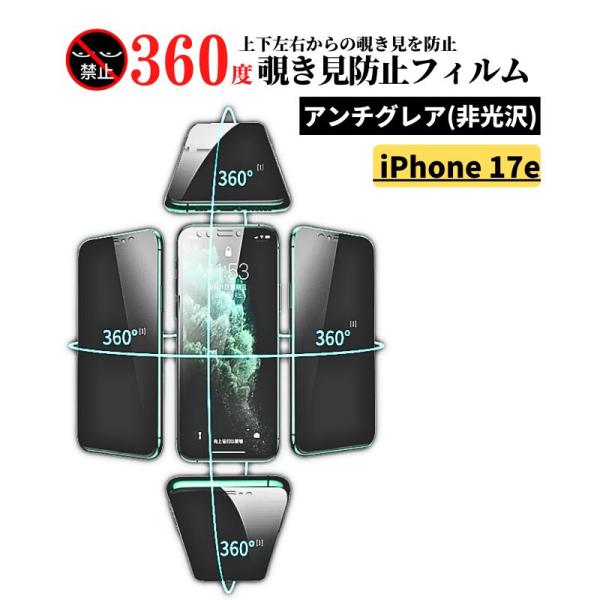 【対応機種】iPhone 17e 【商品詳細】・ 360度覗き見防止 上下左右360度すべての方向（従来品は左右方向のみ）からの覗き見を防止。特別なブラインド加工により、真正面から見るとはっきり見えますが、角度を変えると画面が段々真っ黒にな...