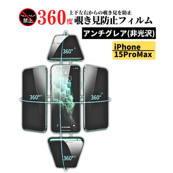 【対応機種】iPhone15ProMax【360度覗き見防止】上下左右360度すべての方向（従来品は左右方向のみ）からの覗き見を防止。特別なブラインド加工により、真正面から見るとはっきり見えますが、角度を変えると画面が段々真っ黒になり、個人...