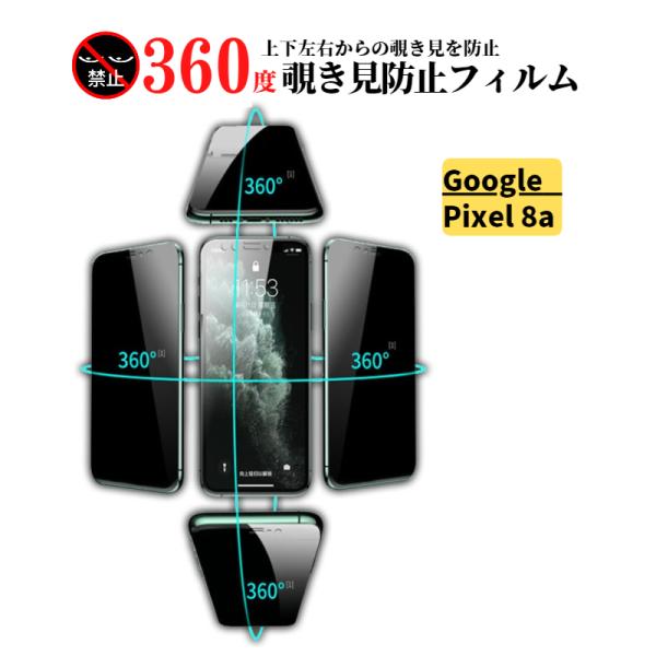 【対応機種】Google Pixel 8a【360度覗き見防止】上下左右360度すべての方向（従来品は左右方向のみ）からの覗き見を防止。特別なブラインド加工により、真正面から見るとはっきり見えますが、角度を変えると画面が段々真っ黒になり、ほ...