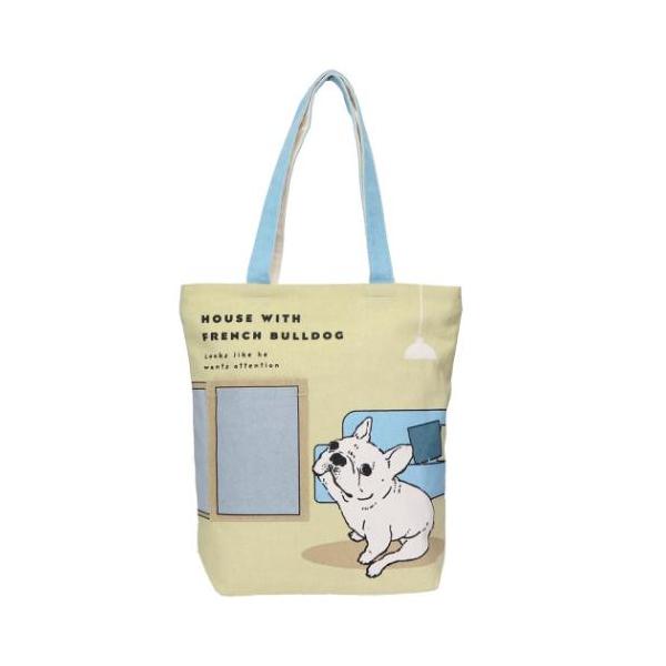 「トートバッグ」 トートバッグ ファスナー付き前ポケットトートバッグ フクちゃんおすわり YL いぬ ミントイン 手提げかばん 表にも裏にも便利なポケットが付いてる！ 毎日がもっと楽しくなるキュートなZAKKAシリーズこちらはかわいい[前ポ...