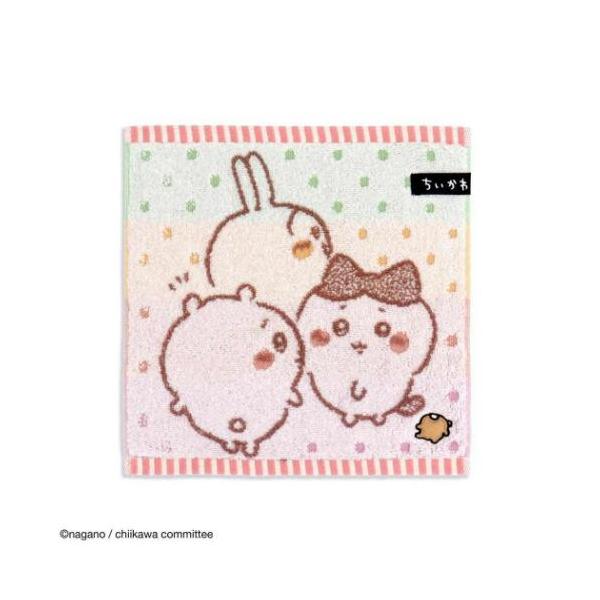 「ハンドタオル」 ちいかわ ミニタオル 無撚糸フルフィーコットンタオルハンカチ ともだち ピンク タオル美術館 それぞれの表情とやわらかい配色のドット柄が可愛いデザインです イラストレーター ナガノが描くSNS発の漫画「ちいかわ」より、タオ...