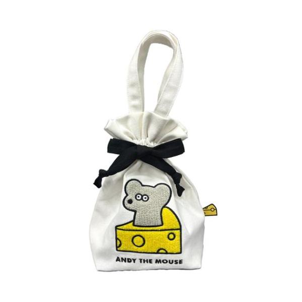 「トートバッグ」 巾着バッグ ねずみのANDY 相良刺繍巾着 cheese アンディ ちょっとしたお出かけに使いやすい可愛い巾着バッグ イラストレーター松本セイジが描く人気キャラクターしっぽのないネズミ[ねずみのANDY/アンディ]グッズか...