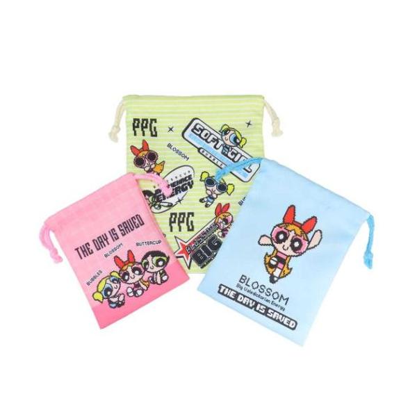 「巾着袋」 パワーパフガールズ キャラクター 巾着袋 3P巾着 きんちゃくポーチ3枚セット ピクセルアート 3サイズあるから用途に合わせて使い分けできる スーパーパワーを持ったブロッサム バブルス バターカップの3人娘が大活躍する[POWE...
