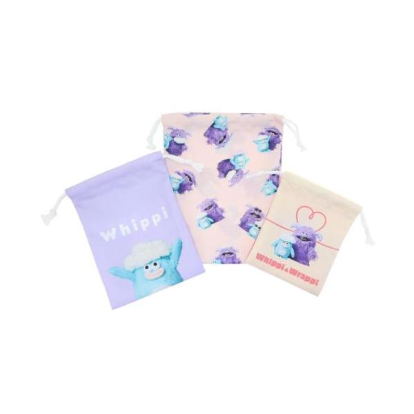 「巾着袋」 巾着袋 ホイッピ＆ラッピ 3P巾着 きんちゃくポーチ3枚セット 小物入れ 3サイズあるから用途に合わせて使い分けできる かわいい2人の愛の攻防戦がSNSで話題[ホイッピ＆ラッピ]グッズにまたまた可愛いnewアイテム登場こちらは定...