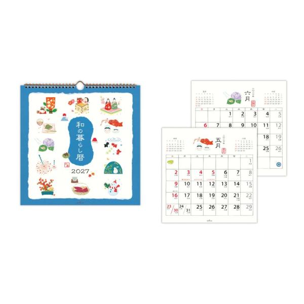 【発売日：2026年08月10日】四季折々の和小物がお部屋を彩ります日本の四季にまつわるモチーフを描いた大きなサイズの壁掛けカレンダーです。和室にもなじむデザインです。サイズ：約300x300表紙1枚 本文12枚 台紙付きツインリング綴じ/...