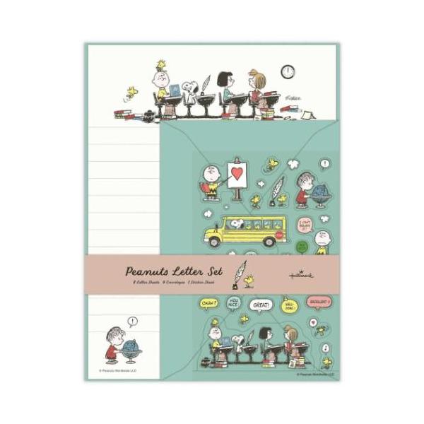 「レターセット」 スヌーピー レターセット ピーナッツ 手紙セット キャラクター かわいい SNSPグリーン Stay Positive 大切な人に贈りたくなるおしゃれなLETTER SET スヌーピーと仲間たちが一生懸命勉強中！ くすみグ...