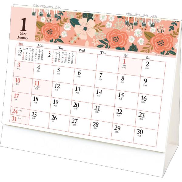 【発売日：2026年08月19日】テキスタイル生地のような花柄をあしらった卓上カレンダー。可愛すぎないデザインは男女ともに楽しめる商品です。裏面は旬の食べ物や季節の行事など、歳時記を掲載したスケジュールメモタイプ。サイズ：約180x156m...