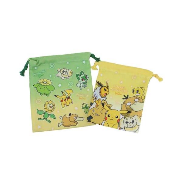 「巾着袋」 ポケットモンスター ポケモン キャラクター 巾着袋 2P巾着セット グリーン＆イエロー 大小サイズの違う巾着の2枚セット 大人気[POCKET MONSTER]グッズからまたまた可愛いnewアイテム登場こちらはかわいい[2P巾着...
