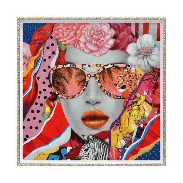 「取寄品」 「動物 人物」 動物画 オイルペイントアート ワイルド コラージュ Mサイズ カラフルモダンな絵画が楽しいインテリアを演出します キャンバスにひとつひとつハンドペイントが施されたアートに樹脂フレームをセットしたアートフレーム。バ...
