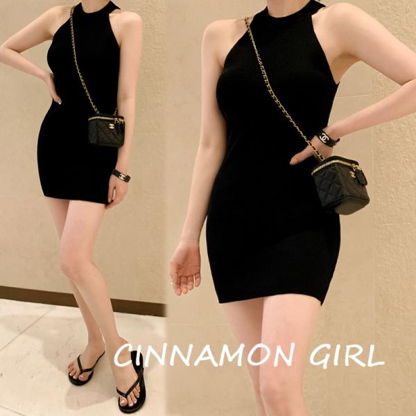 【全1色】ノースリーブニットマイクロミニワンピース　ブラック【knit-dr502】( sb )(230613)シナモンガール Cinnamon Girl  超ミニ マイクロミニ 韓国 胸元 セクシー cinnamongirlシナモンガール...