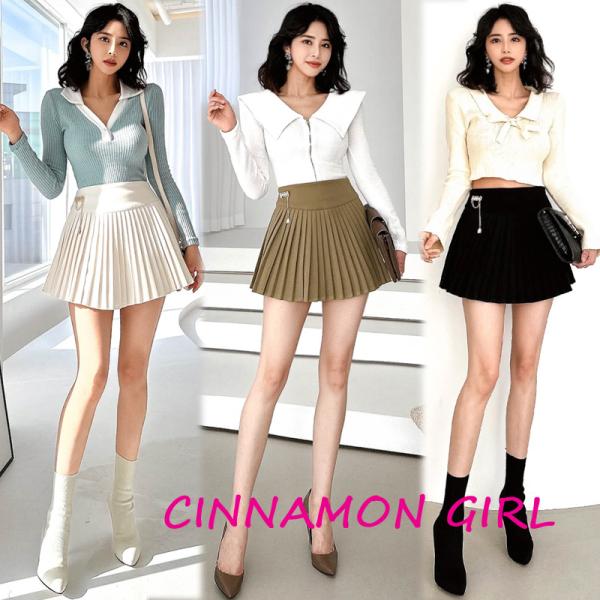 【春♪新作】【全3色】プリーツキュロットスカート　アイボリー ベージュ ブラック S/M【rusy-broch-sk】( mja )(230125)シナモンガール Cinnamon Girl  超ミニ マイクロミニ 韓国 胸元 セクシー c...