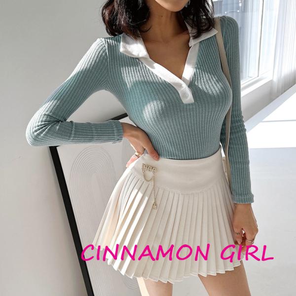 【春♪新作】【全3色】配色襟付き長袖ニット　ミント パープル グレー ブラック【rusy-broch-top】( mja )(230125)シナモンガール Cinnamon Girl  超ミニ マイクロミニ 韓国 胸元 セクシー cinna...