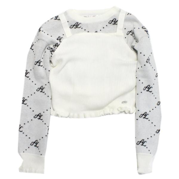 ALGY アルジー“アルジー”の総柄短丈ニット×キャミセットロゴをデザインした総柄のジャガードニット。キャミソールをセットにしたアイテム。チクチク感のない柔らかなニット素材です。伸縮性に優れ快適な着心地。ショート丈でトレンド感のある着こなし...