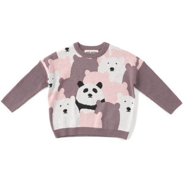 ami amie アミアミ“アミアミ”のオンリーワンプルオーバーたくさんのしろくまにまぎれて、1匹だけのパンダが隠れているユニークなニットプルオーバー。ドロップショルダー＆ワイドシルエットで動きやすく、袖口はリブ仕様で冷たい風もブロック。目...