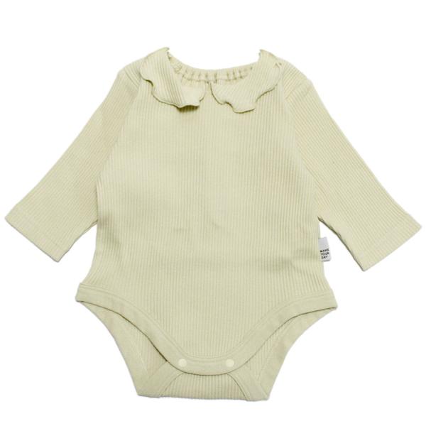 make your day メイクユアデイ“メイクユアデイ”のエリツキテレコロンパース伸縮性に優れたテレコ素材を採用したロンパース。赤ちゃんの体にフィットし、動きやすさも抜群。フリルの衿が愛らしい印象に。首元はハーフゴム仕様、股はスナップボ...