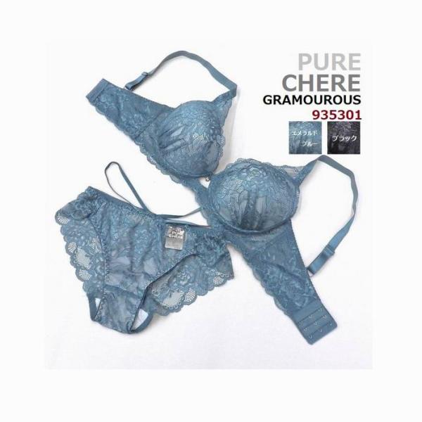 エメラルド ブルーブラック大きいサイズ E70 E75 E80 E85 F70 F75 F80 F85PURE CHERE ブラジャー ショーツ セット 超かわいいノーラインV字ショーツとブラのアンダーベルトまでぐるっと一周総レース仕上げ。...