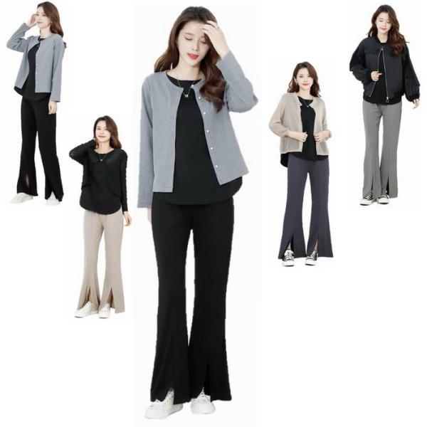 M〜L TRUBE フロントスリット フレア 美脚パンツ レディース C35-135B ベージュ ブラウン チャコール グレー ブラック