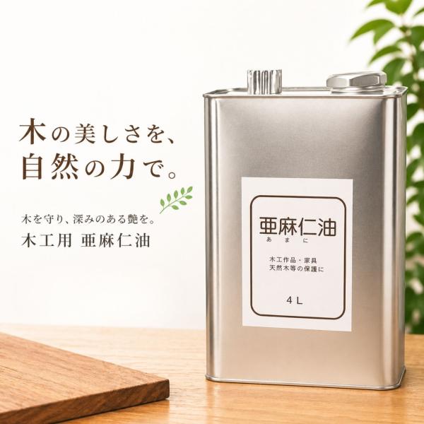 木工用亜麻仁油（リンシードオイル）は、木材の仕上げや保護に使用される天然由来のオイルです。亜麻の種子から抽出されるこの油は、木材に深く浸透して内部から保護することで耐水性を高め、カビや乾燥による劣化を防ぎます。また、乾燥後には硬化し、木材表...