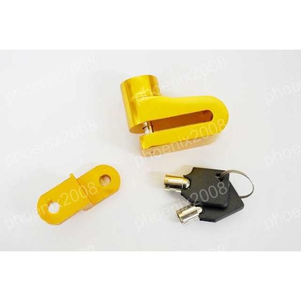 No-3489■商品内容： 盗難防止 ディスクロック 金■適合車種： 汎用品※必ず実車の装着部の各寸法、形状などをご確認の上ご購入をお願いいたします。■サイズ：ディスク幅：約7mm　ドリルド（ディスクのロック軸部分）の直径：約5.5mm　ド...