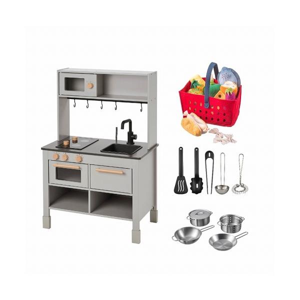 おままごとがすぐにはじめられる４点セットになります。おままごとキッチン グレー：00544493奥行き: 40cm高さ: 100cm幅: 68cm素材:繊維板 アクリル塗装 透明アクリルラッカー アクリル樹脂 ビーチ無垢材ショッピングバスケ...