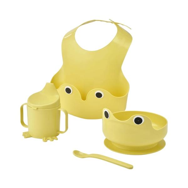 素材よだれ掛け:ポリエチレン .ボウル マグ 蓋 スプーン:ポリプロピレン .お手入れ方法スタイは手洗いしてください。赤ちゃんが食事の時間をもっと楽しめるようにしてあげましょう。 遊び心のあるこの食器セットがあれば、自分で楽しく簡単に食べた...
