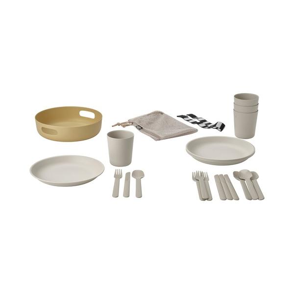 素材トレイ 皿 マグ スプーン ナイフ、包丁 フォーク:ポリプロピレンゴムバンド:ナイロン 61% ポリエステル 28%. エラスタン11%メッシュ:ポリエステル 100%.セット内容：メッシュバッグ 1個、マグ 4個、プレート 4枚、フォ...