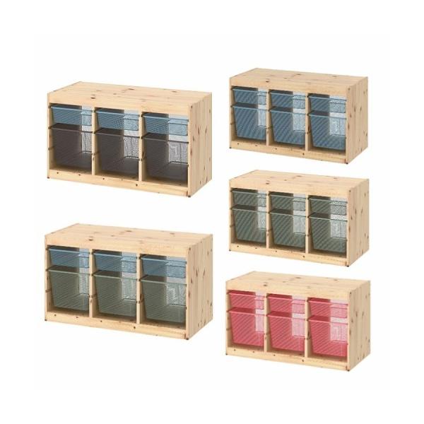 ★フレーム・メッシュ収納ボックスS (３個)・ボックスM (３個)のセットになります★【フレーム】 ※組立サイズ奥行き: 44cm高さ: 53cm幅: 93cm差材：パイン無垢材 着色アクリルクリアラッカー【収納ボックス】S (３個)高さ:...