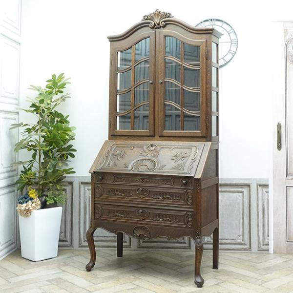 ●品名・品番antique63696　ブックビューロー　1920年頃　オーク材　フランス●サイズW 95.5 x D 52.5 (拡張時 82.5)x H 206 (デスク高 74.5) cm●商品について猫脚がかわいいブックビューロー(ビ...
