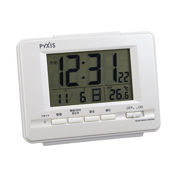 本体サイズ:9.0×12.3×4.6cm本体重量:0.17kg素材・材質:プラスチック枠(白パール塗装)、前面:ガラス原産国:中国ムーブメント:電波修正機能(40kHz/60kHz自動選局)/電波OFFつき付属品:なし電子音、スヌーズライト...