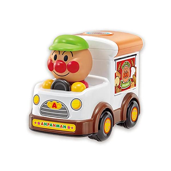 アンパンマンのはたらくのりものシリーズ！アンパンマンのパン屋さんの移動販売車です。本体上部のボタンを押すと、アンパンマンとしょくぱんまんのおしゃべりが鳴ります。走らせると、おしゃべりや走行音などが鳴ります。転がす速さで音が変わります。