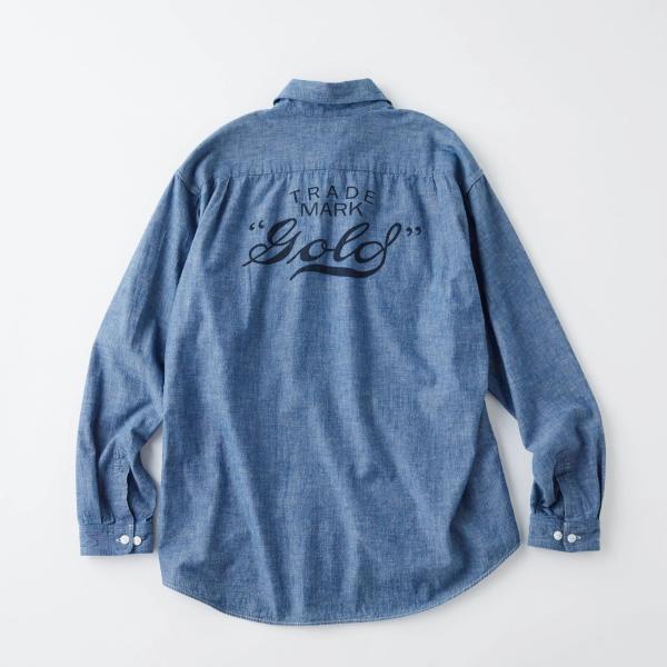 GOLD ゴールド 東洋エンタープライズ BLUE CHAMBRAY WORK SHIRT"gold" PRINTED　￥20.900税込み　\19,000+taxNo　GL28597P 日本製　Cotton100% (BLUE SHAMB...
