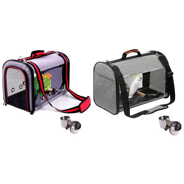 VEROMAN 鳥 インコ 移動用 バード キャリー バッグ 餌入れ付き 小さく収納【飼育必須アイテム】お散歩、旅行、病院、引っ越し等【小さくなって収納らくらく】カゴタイプと違いファスナーで簡単にぺったんこになります【エサ、水入れ付き】長時...