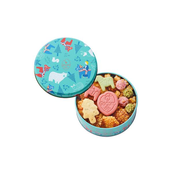 色々な味と形のおかきとラッキーチャームを象った 米粉入りクッキーを詰め込んだ10種類のミニ缶の、しあわせな味わいをお楽しみください。小丸 黒糖／小丸 甘辛醤油／小粒サラダ(新)／もみの木(青のり)／クッキー［馬（メロン・苺）・cocoroク...