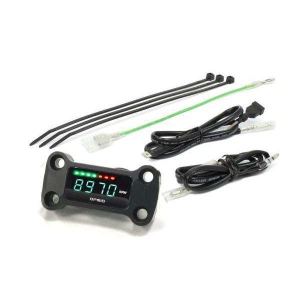 ・7粒のLEDを使用したシフトタイミングライト付きコンパクトタコメーター・視認性の高いグリーンLED透過式ディスプレイ/アワーメーター/最高回転数/電圧計機能付き・ブラックアルマイトのハンドルホルダーにタコメーターをビルトインしたオールブラ...