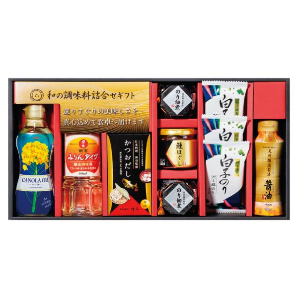 セット内容/白子だし塩のり（8切5枚）×3、のり佃煮（80g）×2、鮭ほぐし（50g）・かつおだし（4g×8袋）・伊賀越 天然醸造醤油（200ml）・昭和 キャノーラ油（300g）・日の出 割烹みりんタイプ（400ml）×各1＜さまざまな用...