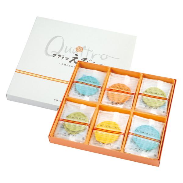 クアトロ（QUATTRO）とは、イタリア語で「4」を表す言葉。志満秀オリジナルの4種のチーズクリームをえびせんべいでサンド。例えばモッツァレラとバジル、ブルーチーズと蜂蜜はイタリア料理でおなじみのコンビ。お気に入りのワインのおともに、またパ...