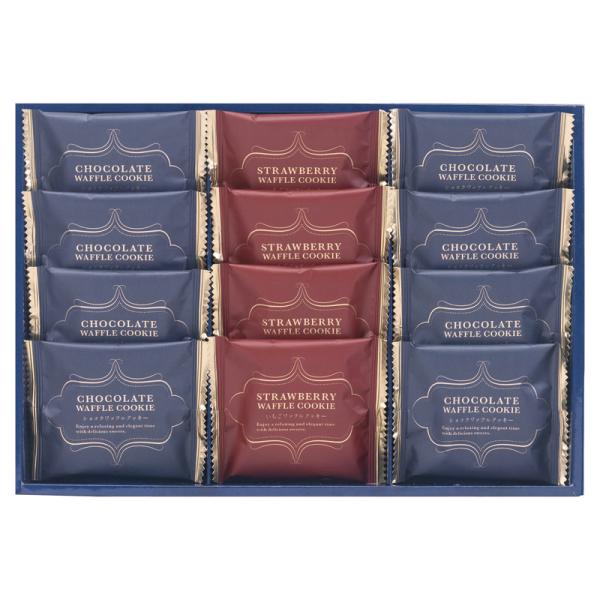 サクサク食感のワッフルクッキーにホワイトチョコクリームを詰めた風味豊かなショコラワッフルクッキーといちごチョコクリームを詰めたいちごワッフルクッキーの詰合せです。ホワイトショコラワッフルクッキー×8、いちごワッフルクッキー×4＜さまざまな用...