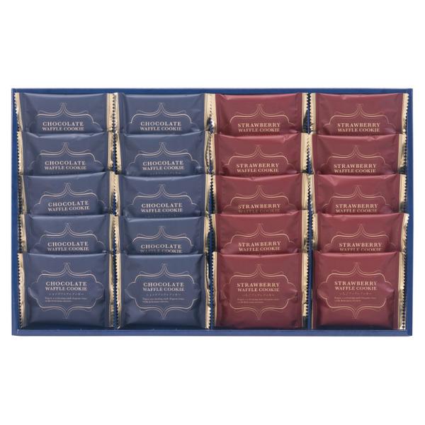 サクサク食感のワッフルクッキーにホワイトチョコクリームを詰めた風味豊かなショコラワッフルクッキーといちごチョコクリームを詰めたいちごワッフルクッキーの詰合せです。ワッフルクッキー（ホワイトショコラ・いちご）×各10＜さまざまな用途でご利用い...