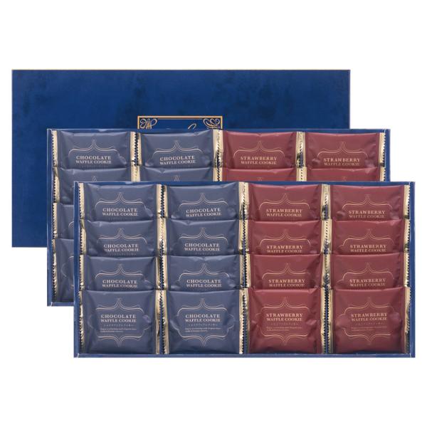 サクサク食感のワッフルクッキーにホワイトチョコクリームを詰めた風味豊かなショコラワッフルクッキーといちごチョコクリームを詰めたいちごワッフルクッキーの詰合せです。ワッフルクッキー（ホワイトショコラ・いちご）×各16＜さまざまな用途でご利用い...