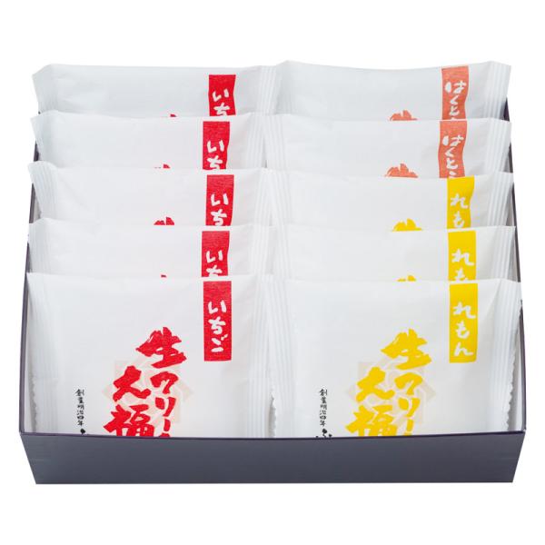 ふんわり食感にこだわって作った生クリーム大福 北海道生クリームに岡山県産清水白桃、瀬戸内産レモン、そしていちごのダイスカットを加え、マシュマロのように柔らかく、ふわふわなお餅で包みこみました。内容:いちご×5、瀬戸内レモン×3、清水白桃×2...