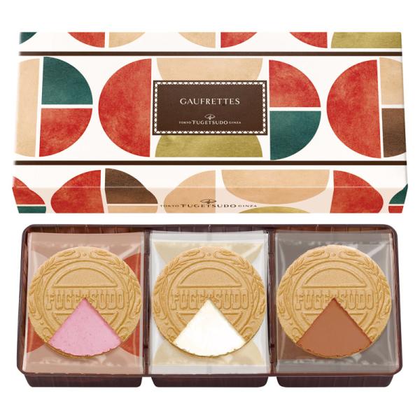 伝統の銘菓ゴーフルをおいしさをそのままに、可愛らしいミニサイズにしました。内容:バニラ・チョコレート・ストロベリー×各4アレルギー:卵・乳・小麦箱サイズ:約117×260×42mm（入）/箱入重量:約165g