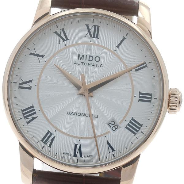 ■商品情報ブランド：　ミドー/MIDOモデル名：　バロンチェッリ対象：　メンズ素材：　SS/GP × 革文字盤色：　シルバームーブメント：自動巻きRef.No：　8600Bシリアル：16AB0260***機能・特徴：デイト 付属品：なし(本...