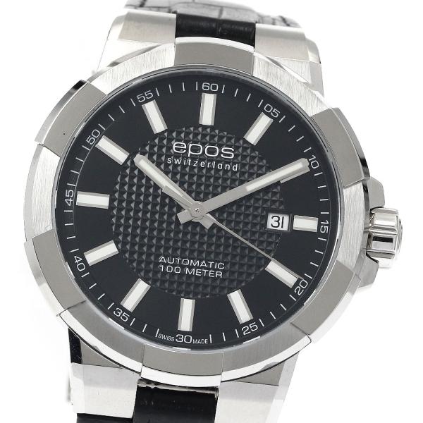 ■商品情報ブランド：　エポス/EPOSモデル名：　スポーティブ対象：　メンズ素材：　SS × 革文字盤色：　ブラックムーブメント：自動巻きRef.No：　3443BKシリアル：0***機能・特徴：デイト 付属品：外箱、内箱、保証書（冊子）ケ...
