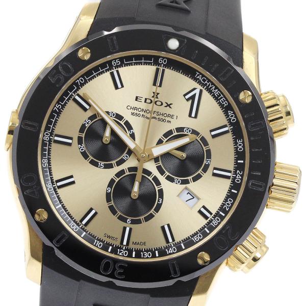 ■商品情報ブランド：　エドックス/EDOXモデル名：　クロノオフショア1 クロノグラフ スペシャルエディション対象：　メンズ素材：　SS/GP/セラミック × ラバー文字盤色：　ゴールド/ブラックムーブメント：クォーツRef.No：　102...