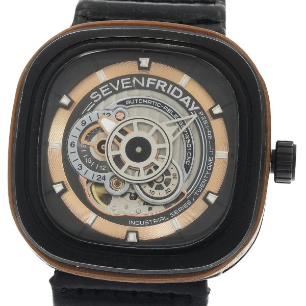 ■商品情報ブランド：　セブンフライデー/SEVENFRIDAY対象：　メンズ素材：　SS/ウッド × 革文字盤色：　ゴールド/グレームーブメント：自動巻きRef.No：　SF-P2B/03シリアル：W0**機能・特徴：スモールセコンド 付属...