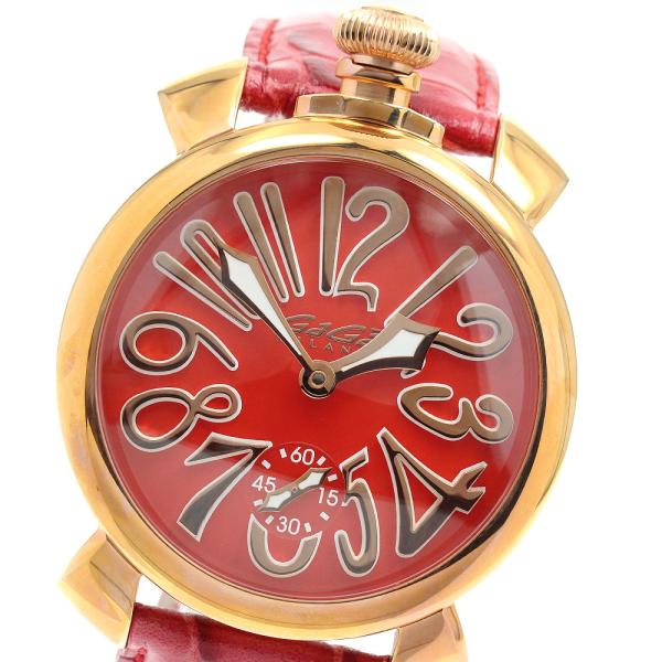 ■商品情報ブランド：　ガガミラノ/GaGa MILANOモデル名：　マヌアーレ48対象：　メンズ素材：　SS/GP × 革文字盤色：　レッドムーブメント：手巻きRef.No：　5011.13Sシリアル：38***機能・特徴：スモールセコンド...