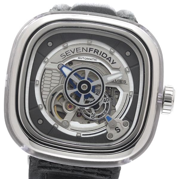 ■商品情報ブランド：　セブンフライデー/SEVENFRIDAYモデル名：　Ｓシリーズ エッセンス対象：　メンズ素材：　SS × 革文字盤色：　スケルトンムーブメント：自動巻きRef.No：　SF-S1/01シリアル：H***機能・特徴：スモ...